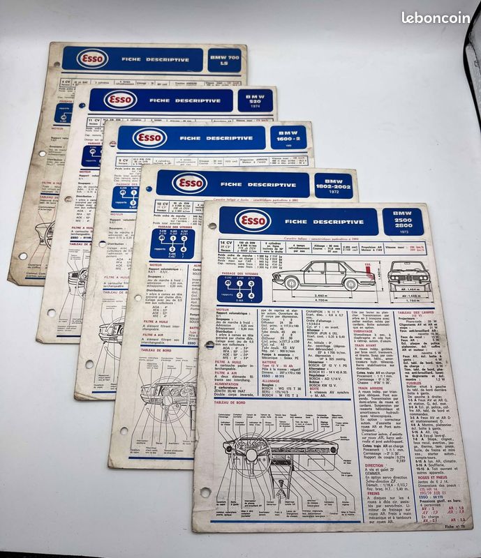 Lot de 5 Fiche Technique Automobile Descriptive Esso BMW 700 LS / 520 / ...