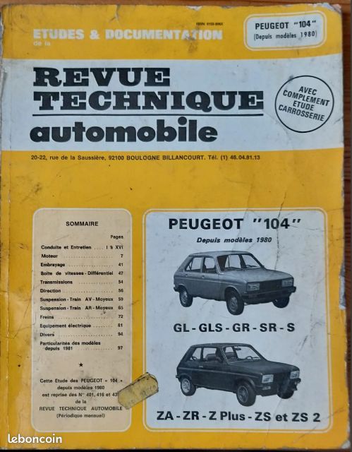 Revue technique automobile RTA 104 - Équipement auto