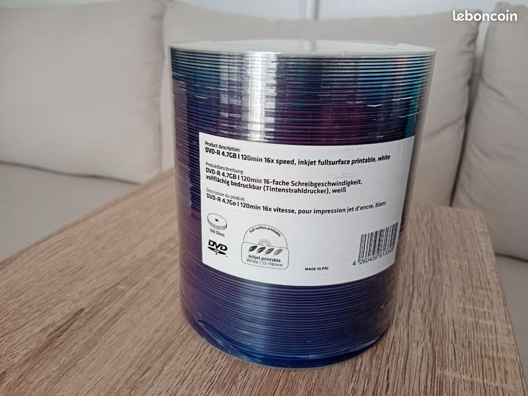 Lot de 100 DVD-R vierge 4,7GB - 120min - Vitesse 16x - imprimable jet d ...