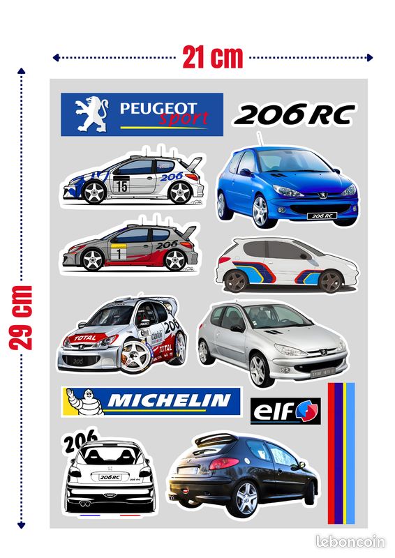 13x Stickers XXL "PEUGEOT 206 RC WRC" Vinyle waterproof - Collection