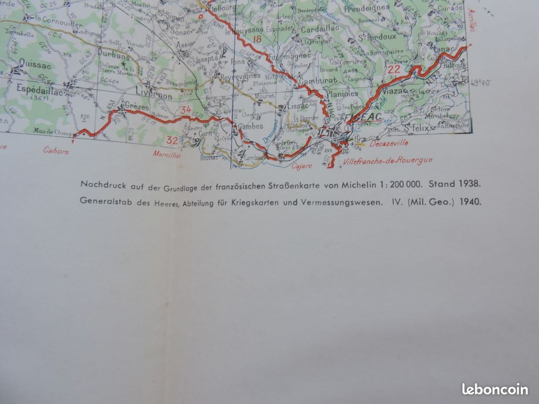 Militaria - Carte routière Bordeaux-Tulle 1/200000 WW2 - Collection