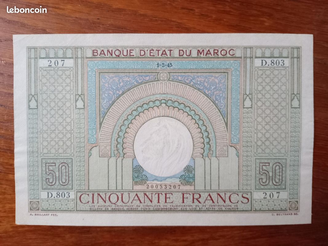 Billet 50 Francs Banque État Maroc 1945 - Collection
