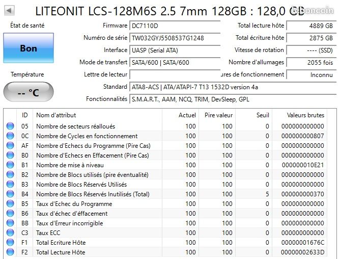 SSD LITEON 7mm 128GB SATA - Accessoires informatique