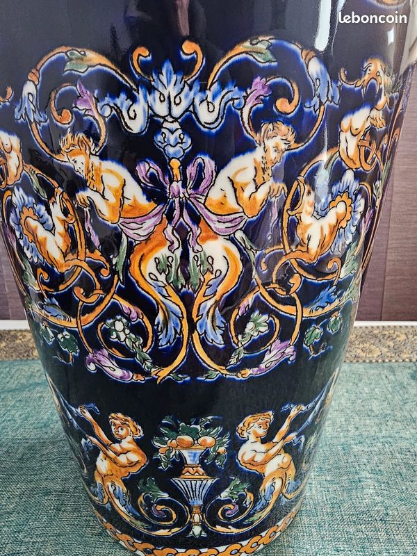 GIEN SIGNE : très beau et grand vase en faïence de 37cm polychrome ...