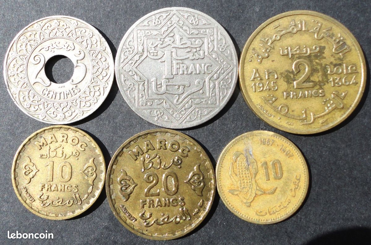 Maroc 25 centimes, 1 - 2 - 10 - 20 Francs, 10 santimat 1924 - 1945 - 1952 - 1987 lot 6 monnaies ...