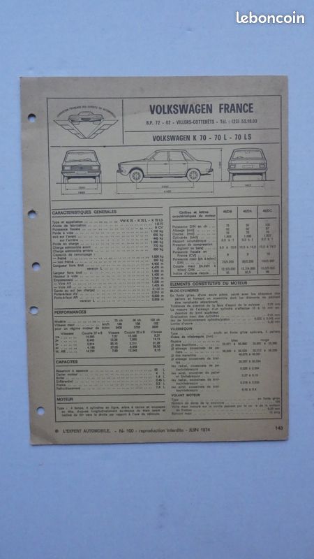 Fiche technique automobile Volkswagen K 70 - 70 L - 70 LS - édition ...