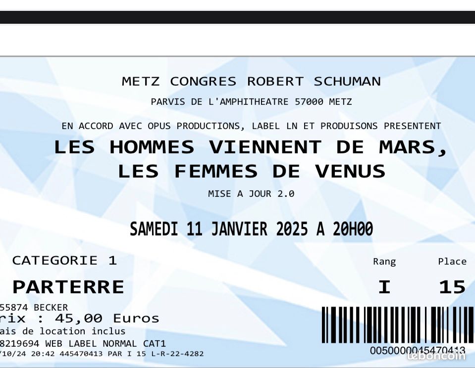 Billet spectacle Mars et Vénus - Billetterie