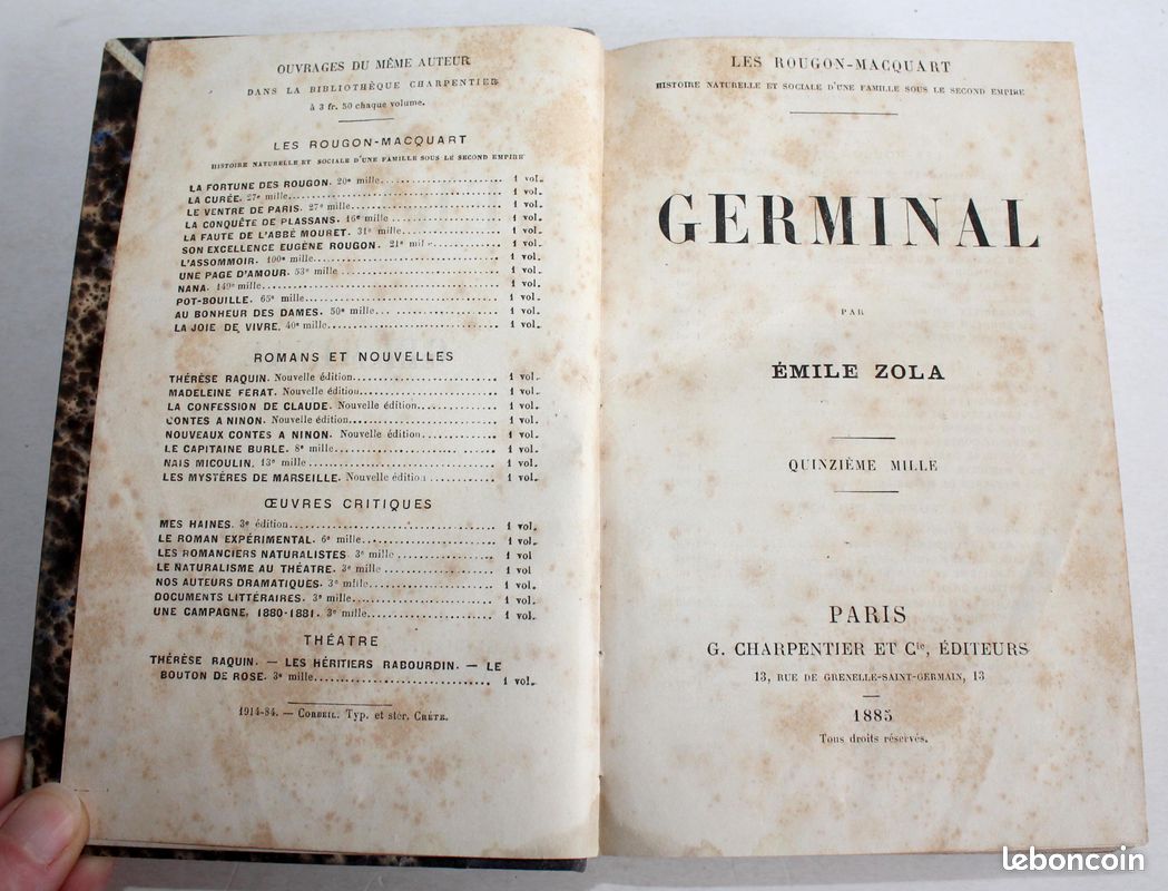 EDITION ORIGINALE GERMINAL par EMILE ZOLA 1885 CHARPENTIER EDITEURS LES ...