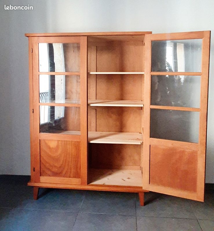 Vitrine vintage bois massif démontable bibliothèque armoire - Ameublement