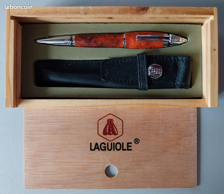 Très beau Stylo Laguiole en bois laqué avec étui en cuir neuf - Collection
