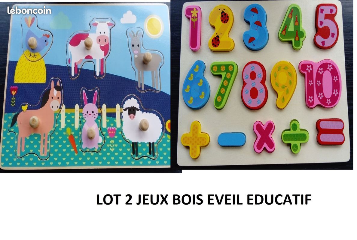 Lot 2 jeux éducatifs éveil en bois chiffres calcul et animaux - Jeux ...