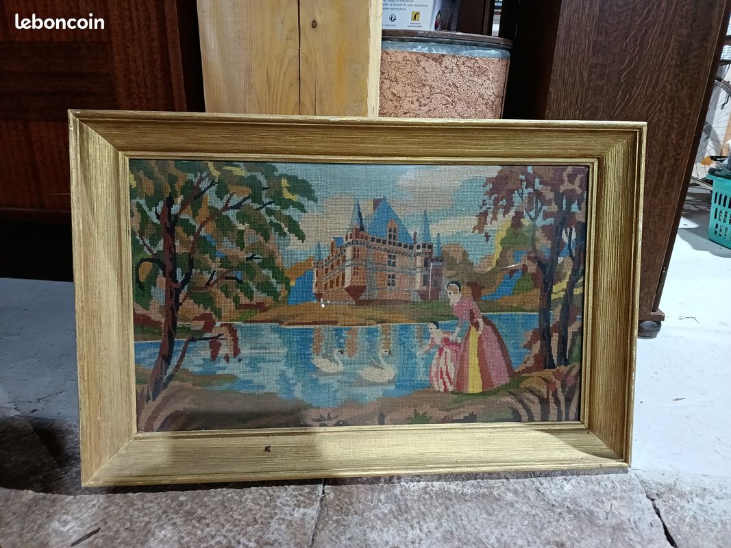 Ancien TABLEAU CANEVA chateau étang cadre nature Dimensions 52 x 80 cm ...