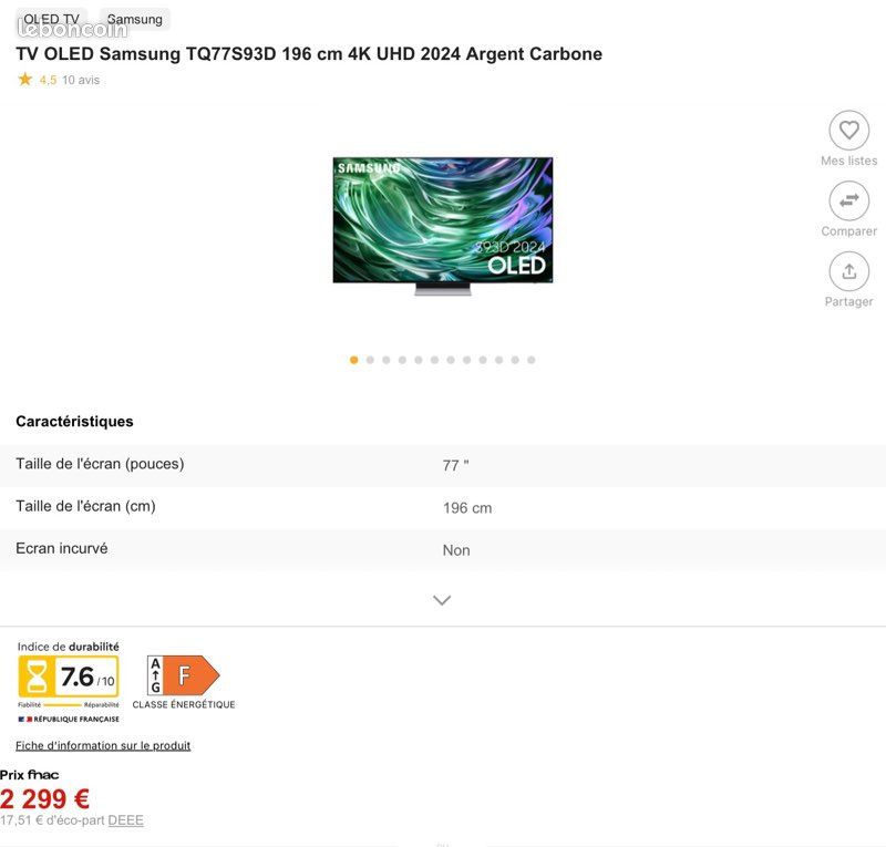 TV OLED Samsung TQ77S93D 196 cm 4K UHD Argent Carbone. Neuve - Photo ...