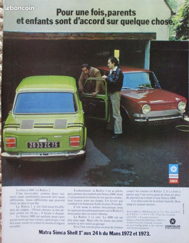 SIMCA 1000 RALLYE 1 & 2 LOT de 3 publicités presse 1970/ 73 / 76 ...