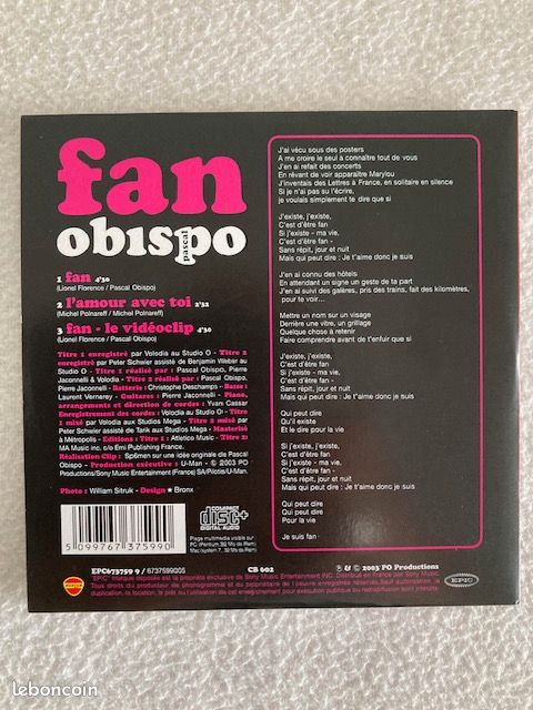 Cd édition collector PASCAL OBISPO Fan / L'amour avec toi (pochette ...