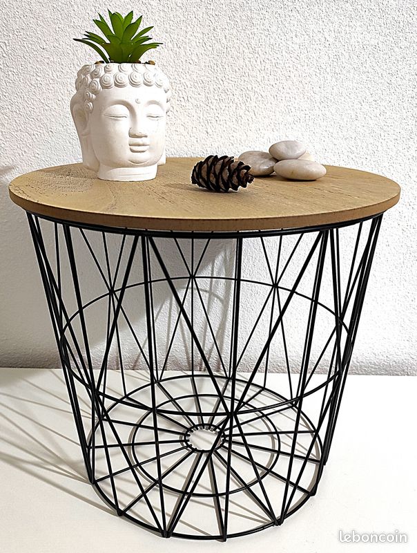 Table basse neuve en fil de métal noir et plateau bois plaqué chêne ...