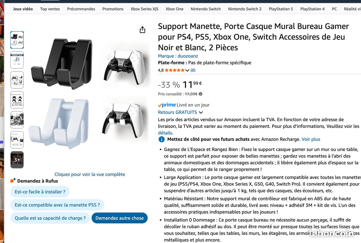 Lot de 4 Support Manette mural pour PS4 PS5, Xbox, Nintendo Switch ...