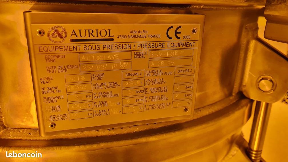 Autoclave horizontal 500L AURIOL modèle 200-I-3B E de 2018 ...