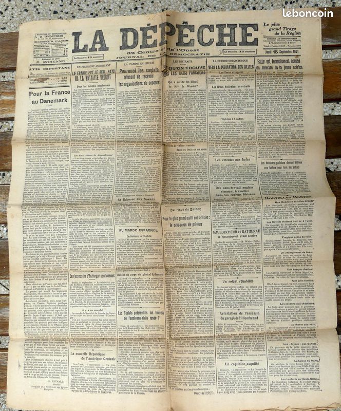 Journal ancien "La Dépêche du Centre et de l'Ouest" de 1921 - Collection
