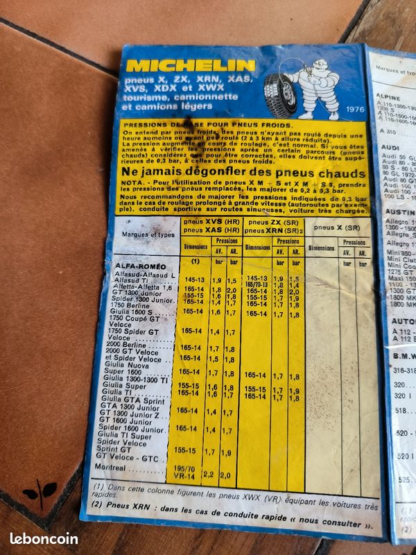 Dépliant Michelin guide gonflage de 1976 - Collection