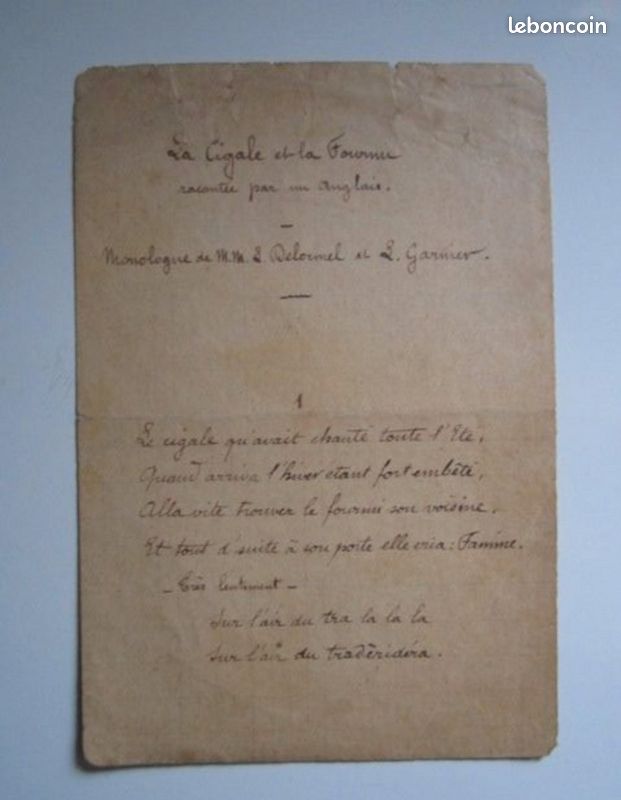 (1886) Manuscrit La Cigale et la fourmi, monologue raconté par un ...