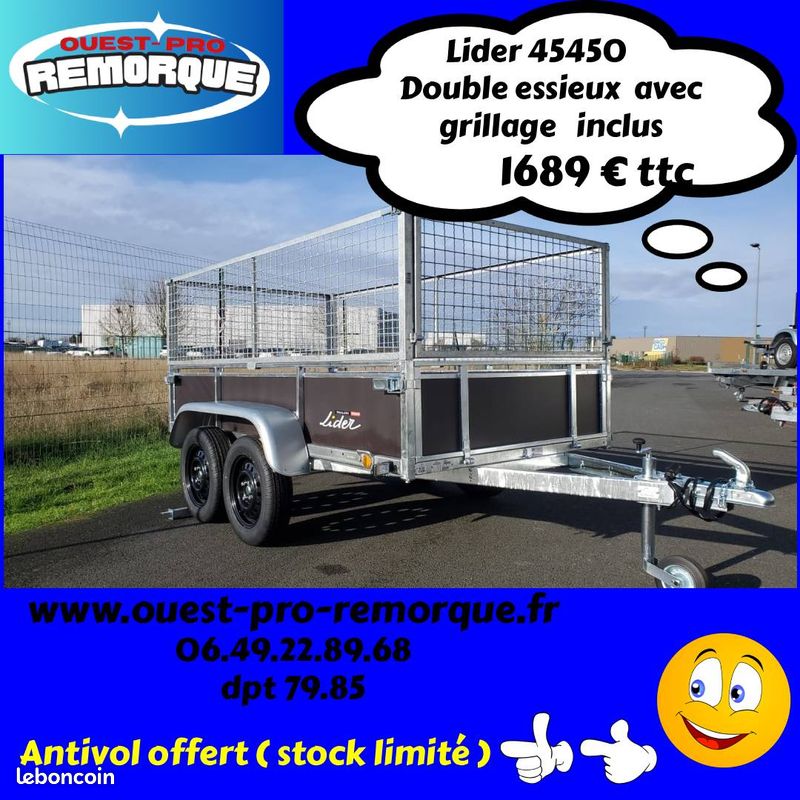 Remorque double essieux lider 45450 super promo grillage - Équipement auto
