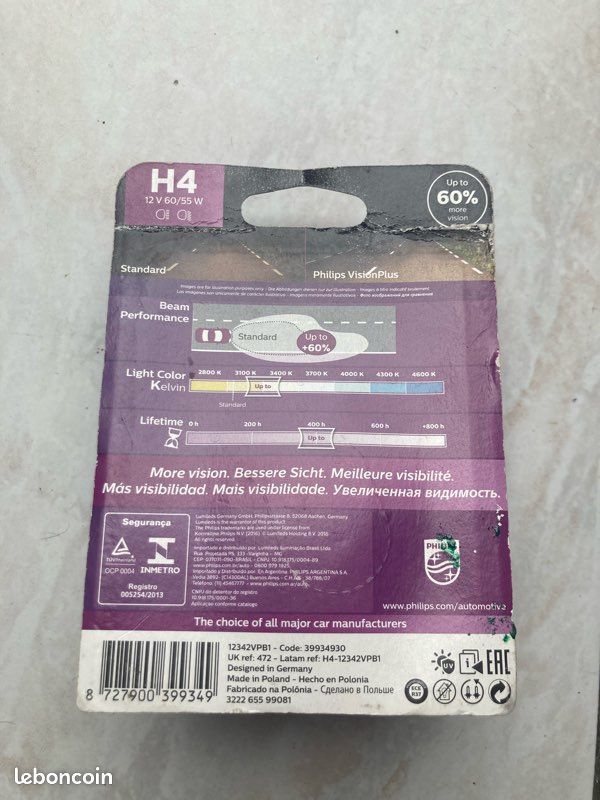 AMPOULE H4 PHILIPS VISION PLUS 12V 60/55W Neuve - Équipement auto