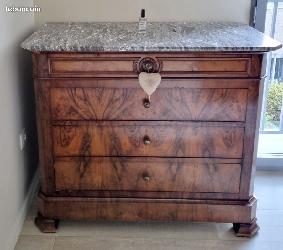 Commode Ancienne Marbre Gris 5 Tiroirs - Ameublement