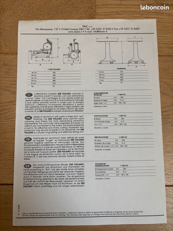 Trancheuse à jambon italienne manuelle rouge FAC F250 VO sans pied ...