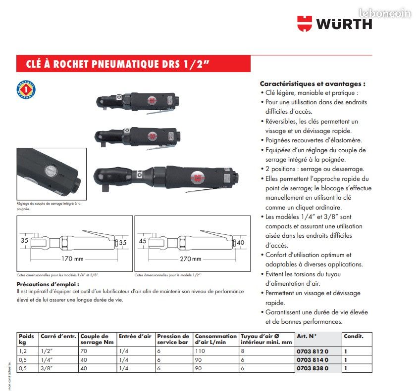 Clé à rochet pneumatique WURTH DRS 1/4"pouce - Bricolage