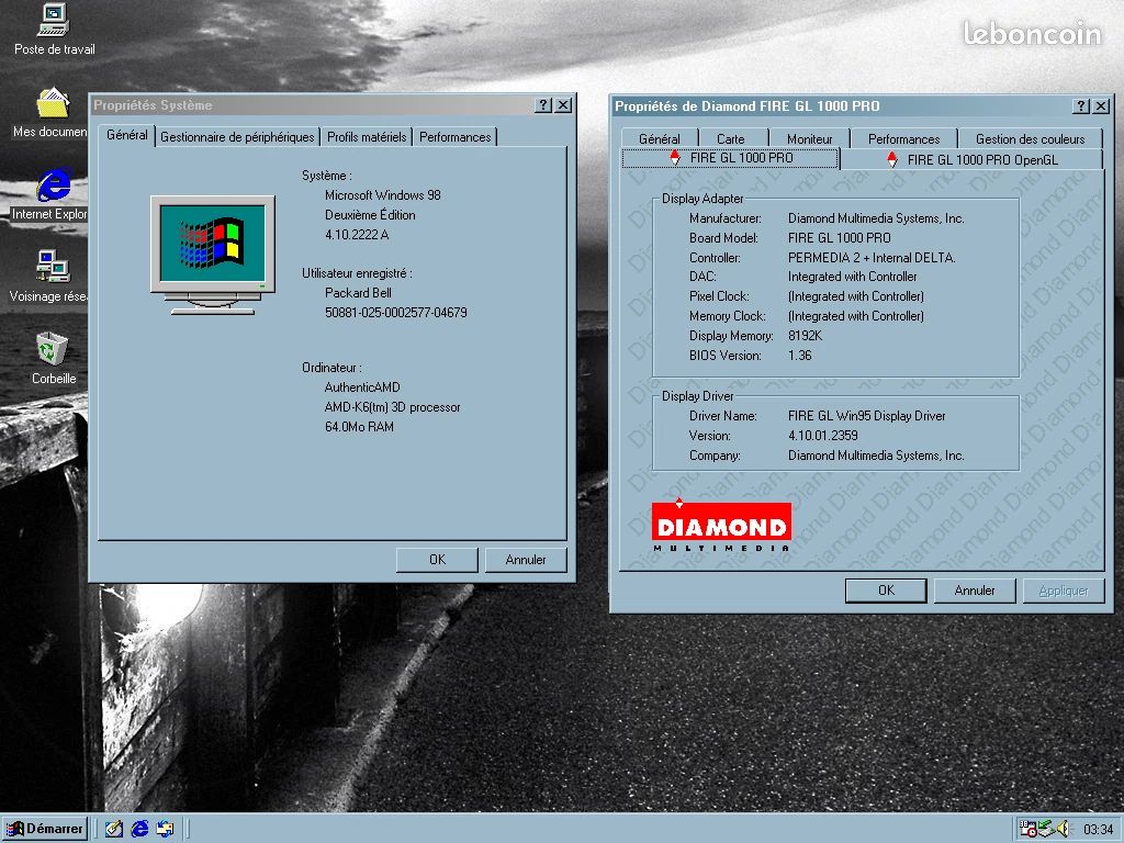 Vintage PC Packard Bell AMD K6-2 400MHz 64MB EDO Diamond Fire GL 1000 ...