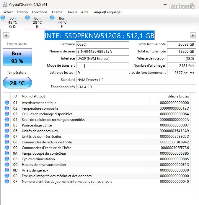 TBE Etat de santé 93% Disque dur barrette flash SSD M2 M.2 2280 PCIe 3 ...