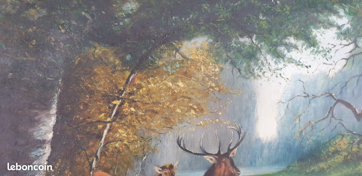 Très beau tableau huile sur toile scène animalière cerf en en forêt ...