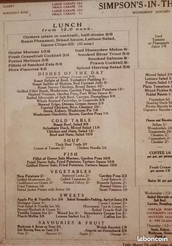 Très rare menu du restaurant Simpson 's - Collection