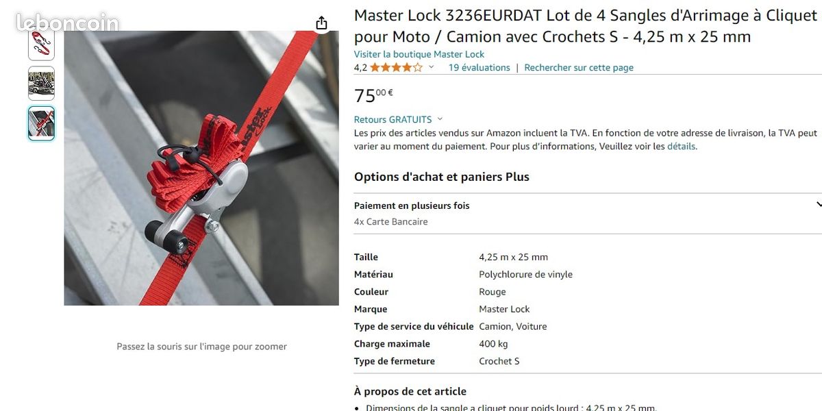 Master Lock 4 sangles à cliquet 4,25m x 25mm Crochets S neuf - Bricolage